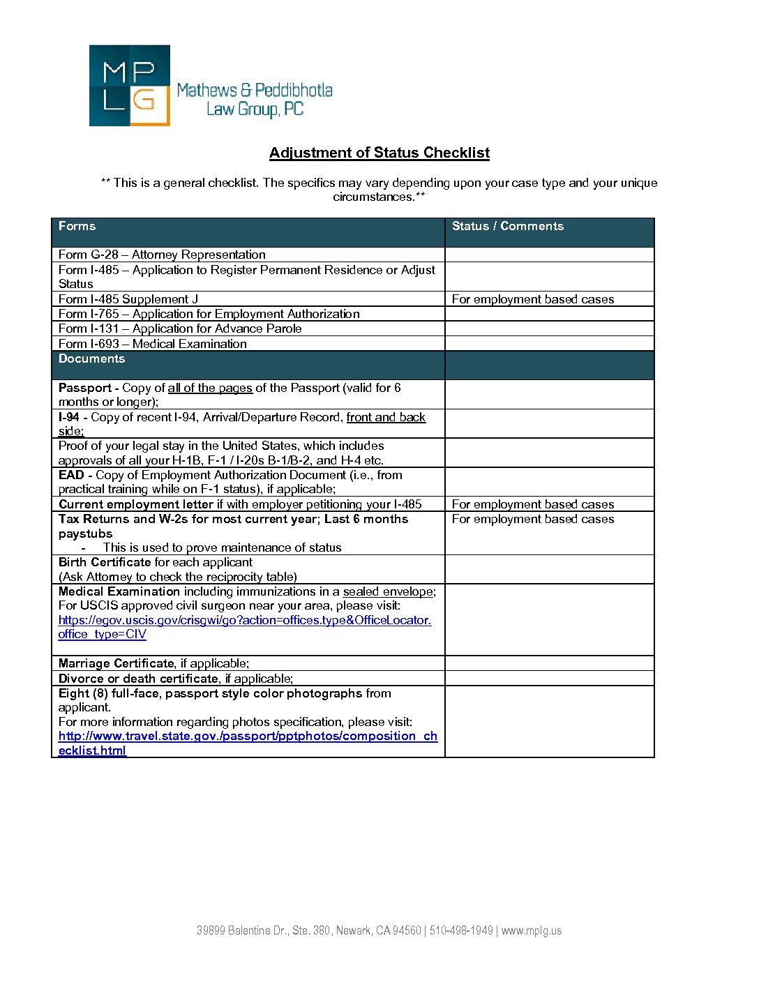 Adjustment of Status Checklist – MPLG