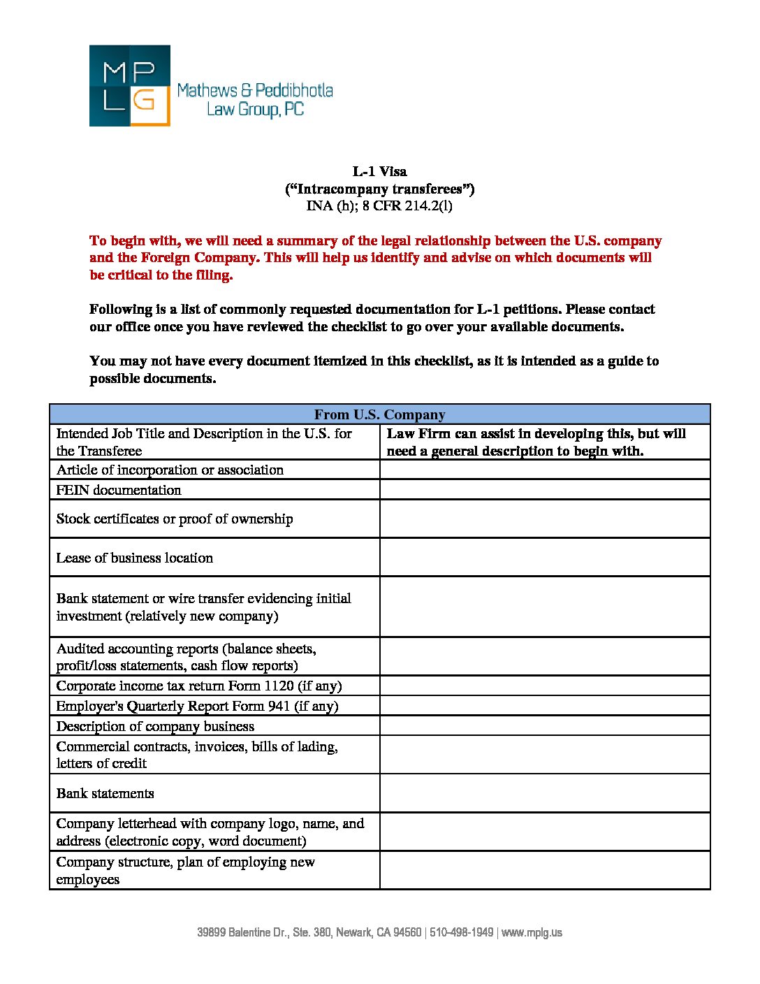 L-1 General Checklist – MPLG